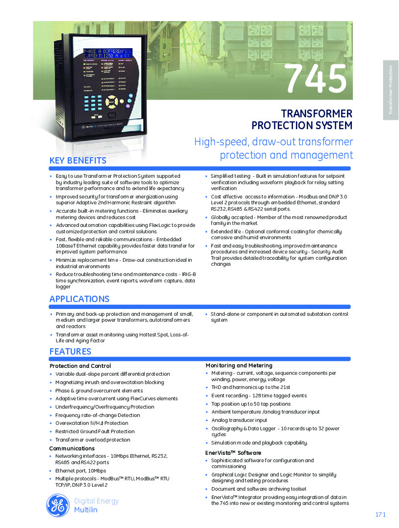 GE Multilin 745-W2-P5-G5-HI Transformer Protection Relay