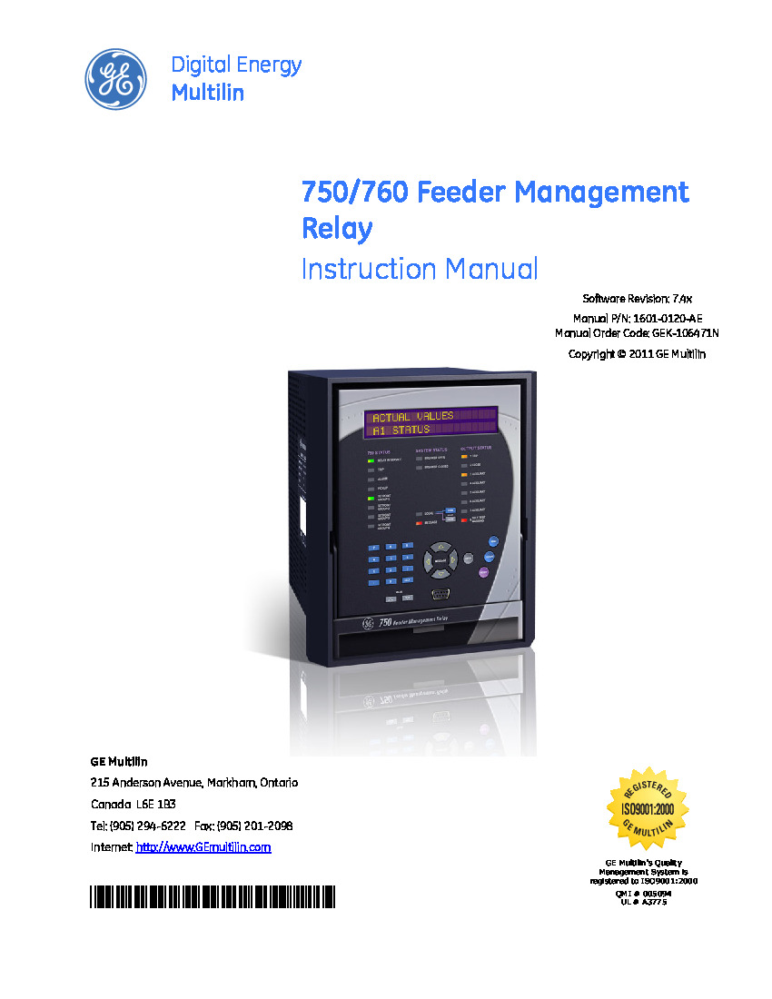 GE Multilin 750-P5-G5-D5-HI-A20-R Feeder Management Relay