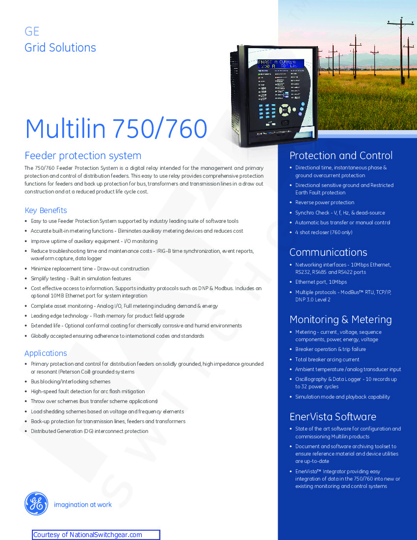 GE Multilin 750-P5-G5-S1-HI-A20-R Feeder Management Relay