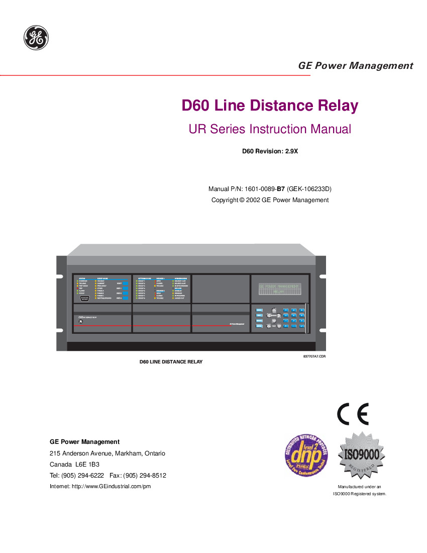 GE Multilin D60-K03-HLH-F8L-H6P-MXX-P6E-U6P-WXX Relay