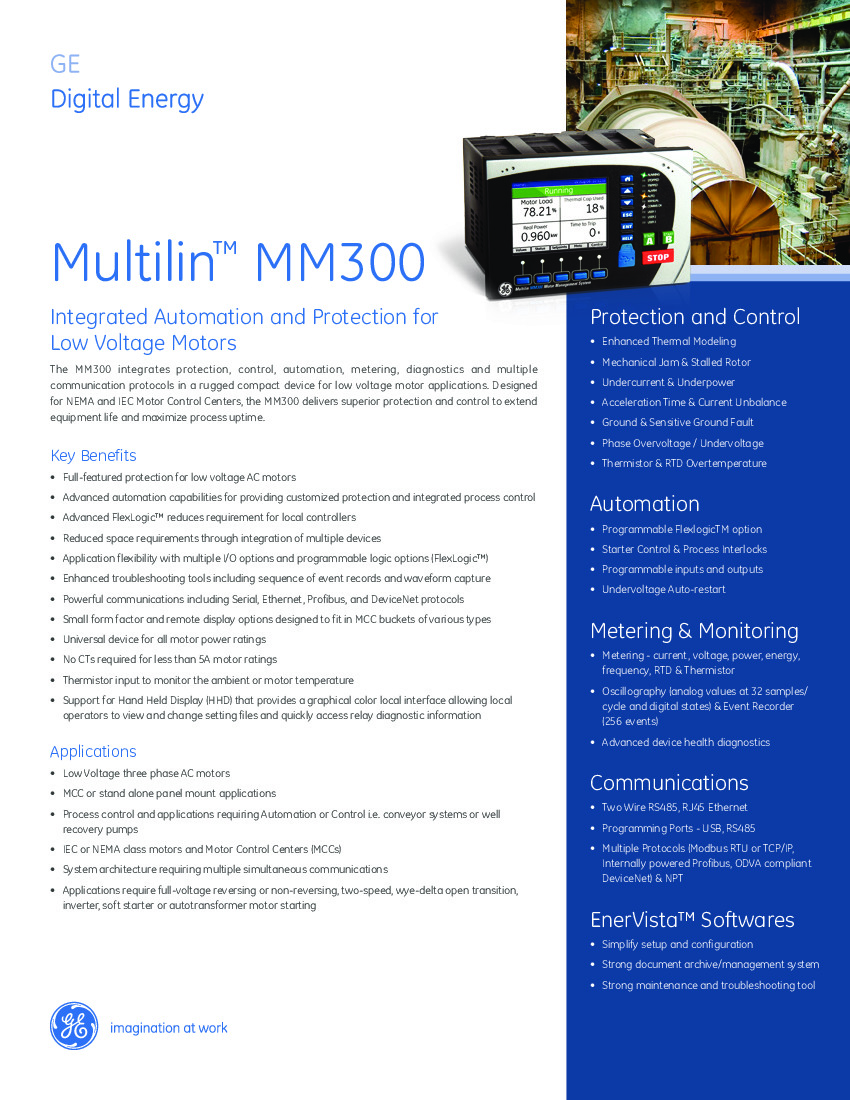 GE MM300 Motor Manager. Basic control panel, no USB. 80-250VDC ...